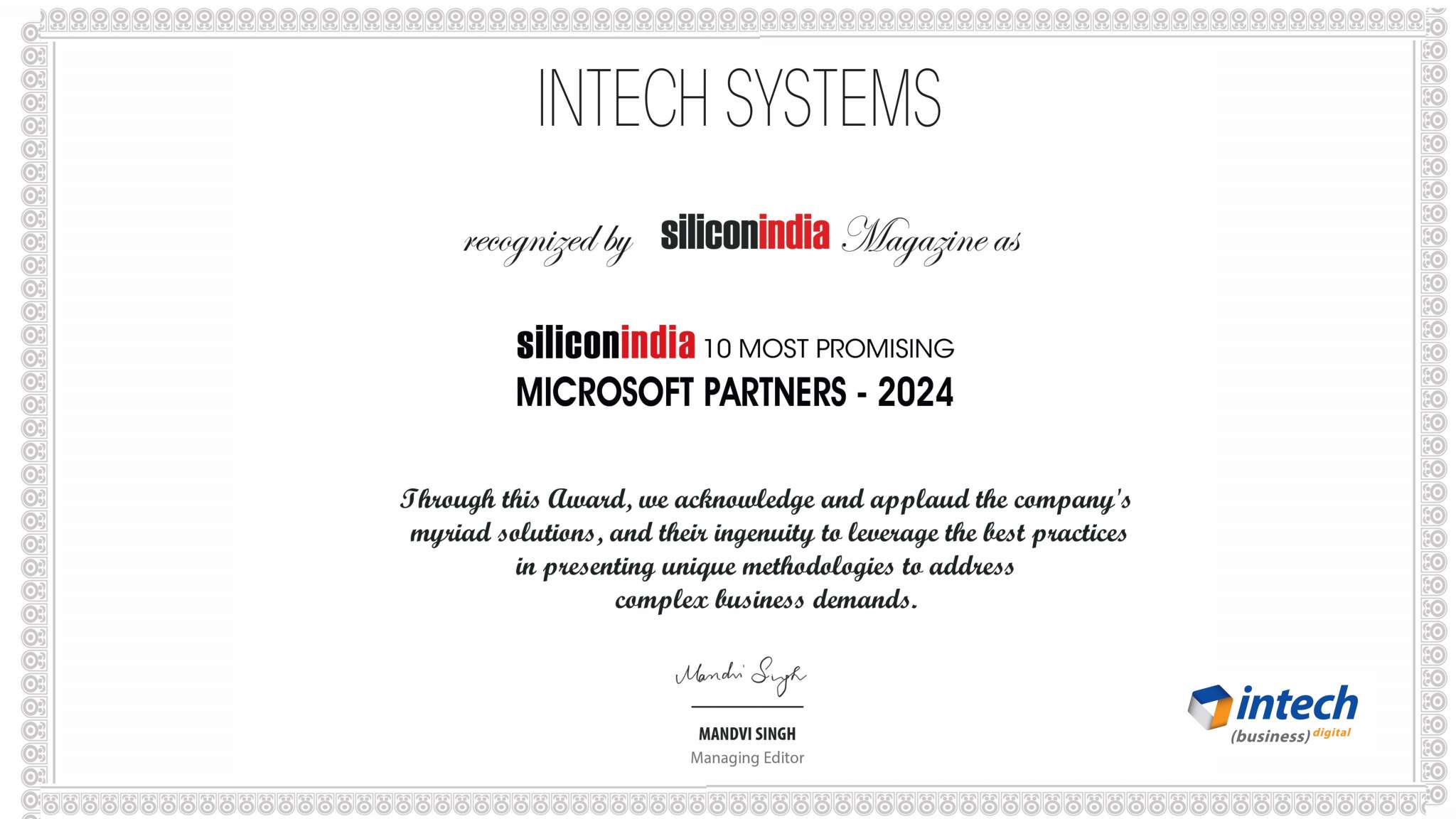 Intech Systems Recognized as One of The 10 Most Promising Microsoft Partners in 2024 by Silicon ...